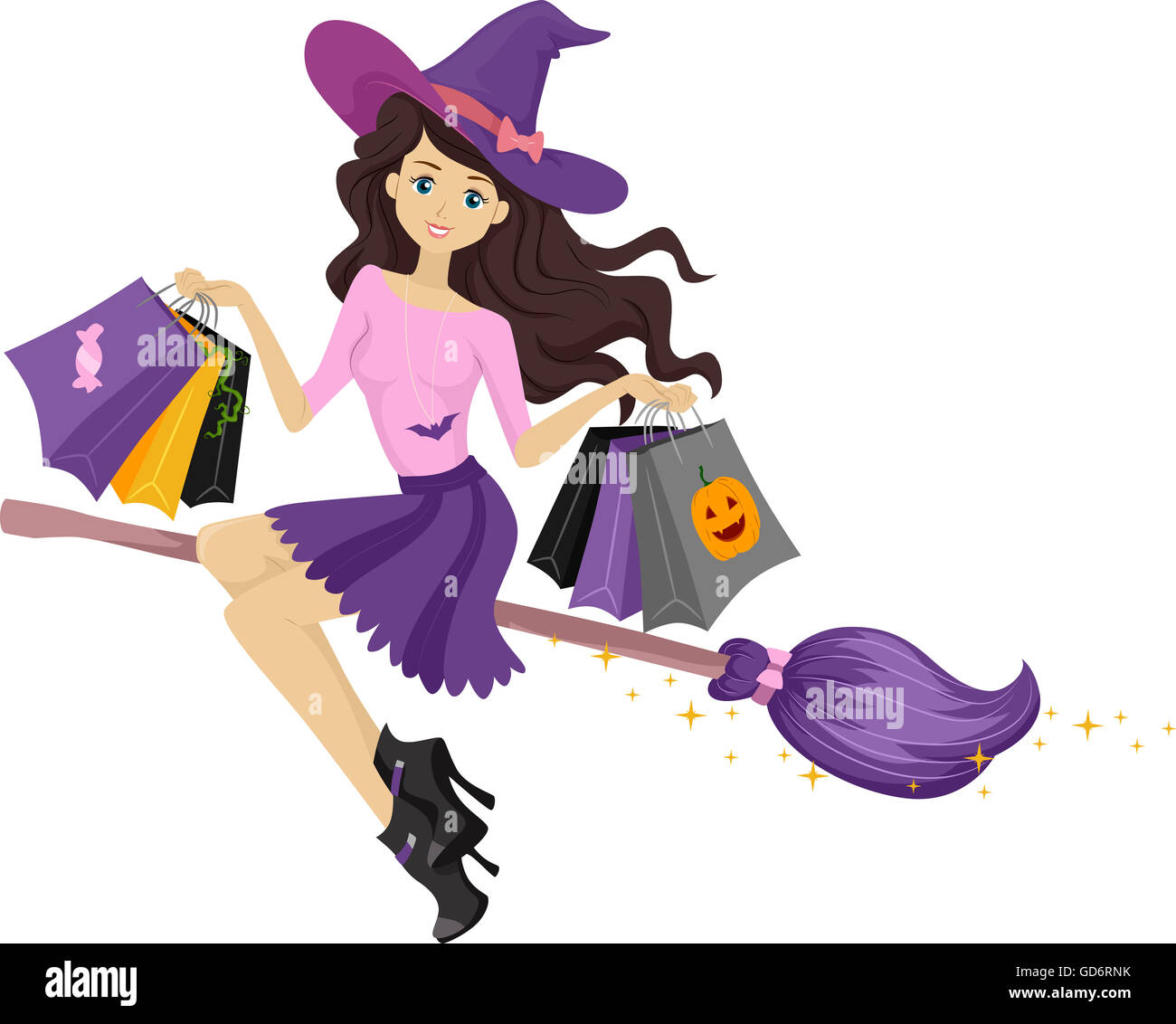 Illustration of a Teenage Witch on a Broomstick Carrying Shopping Bags ...