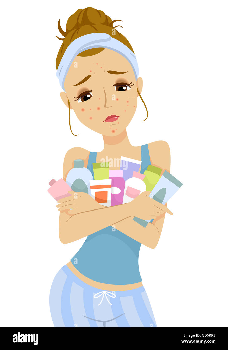 Illustration of a Teenage Girl with an Acne Breakout Cradling Acne ...