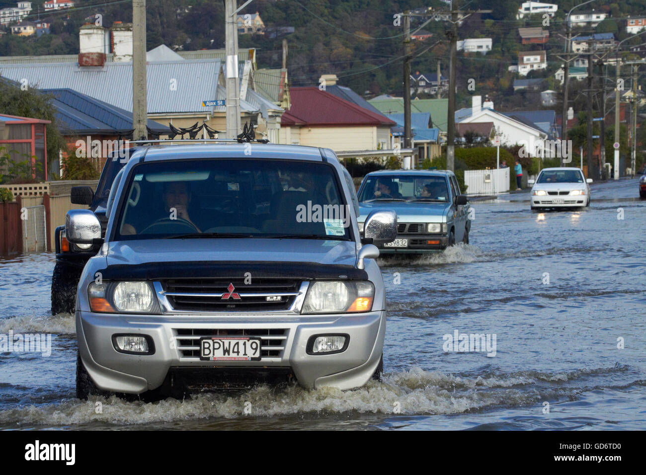 Traffic on flooded Bay View Road, South Dunedin floods, Dunedin, South ...