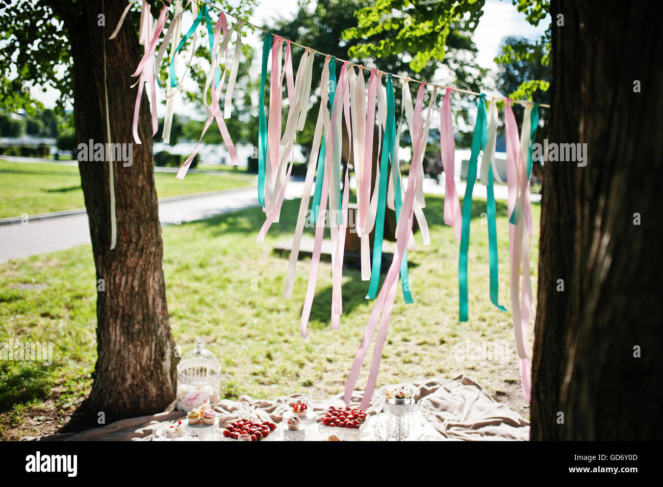 Picnic table with decor and colored ribbons on grass near trees Stock ...