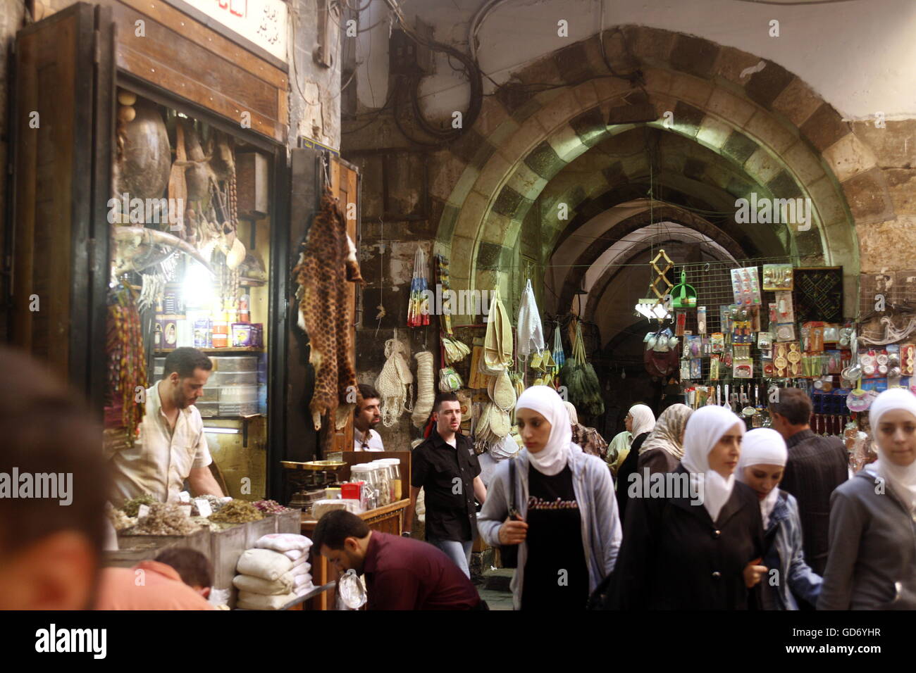 shops in the market or souq in the old town in the city of Damaskus in ...