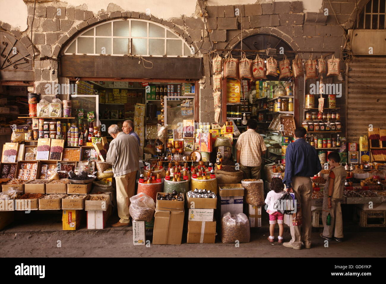 shops in the market or souq in the old town in the city of Damaskus in ...