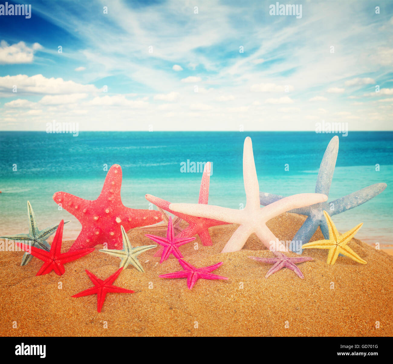 three starfish in sand Stock Photo - Alamy