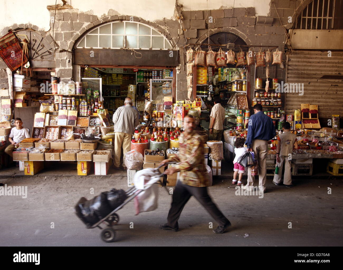 shops in the market or souq in the old town in the city of Damaskus in ...