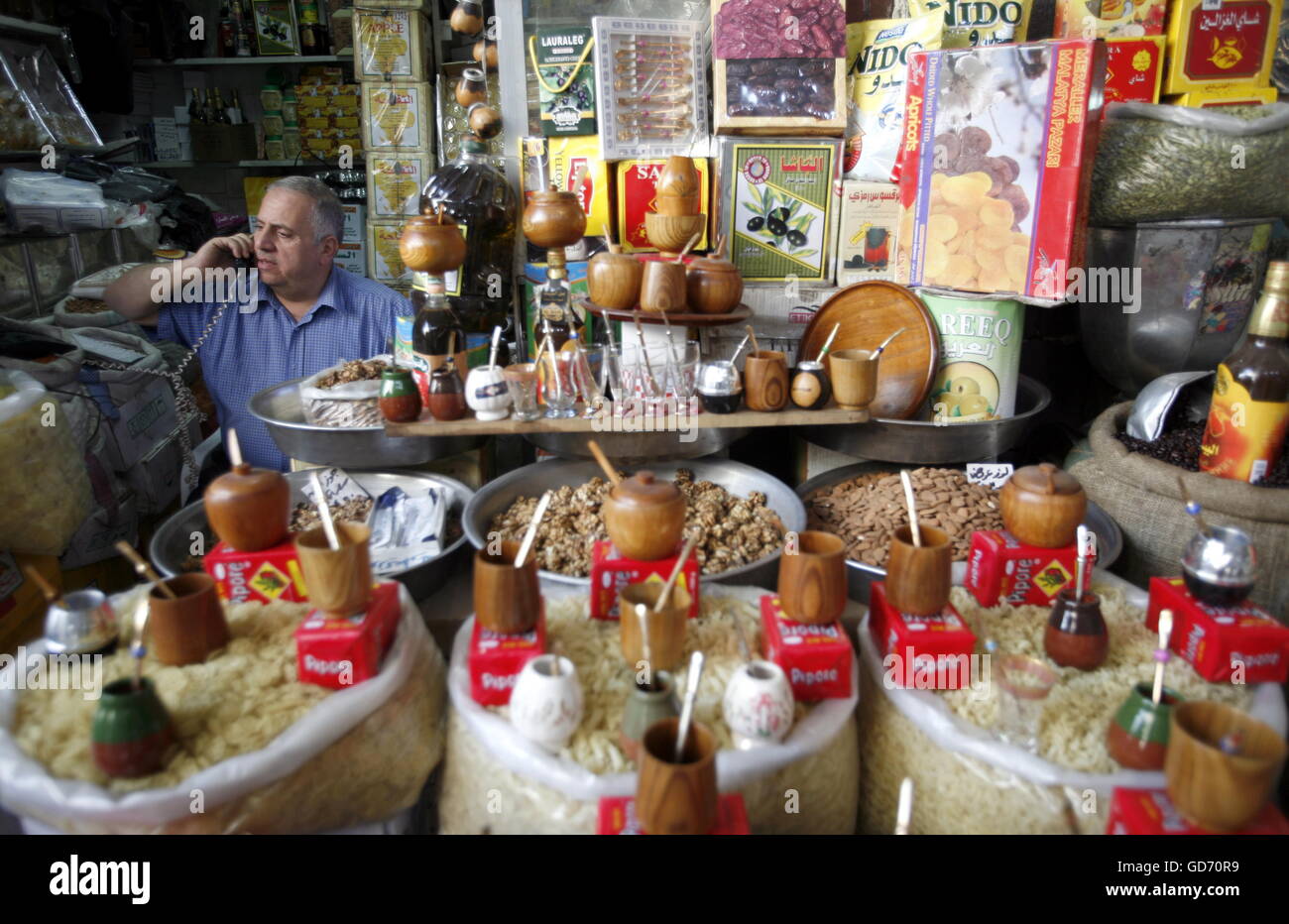 shops in the market or souq in the old town in the city of Damaskus in ...