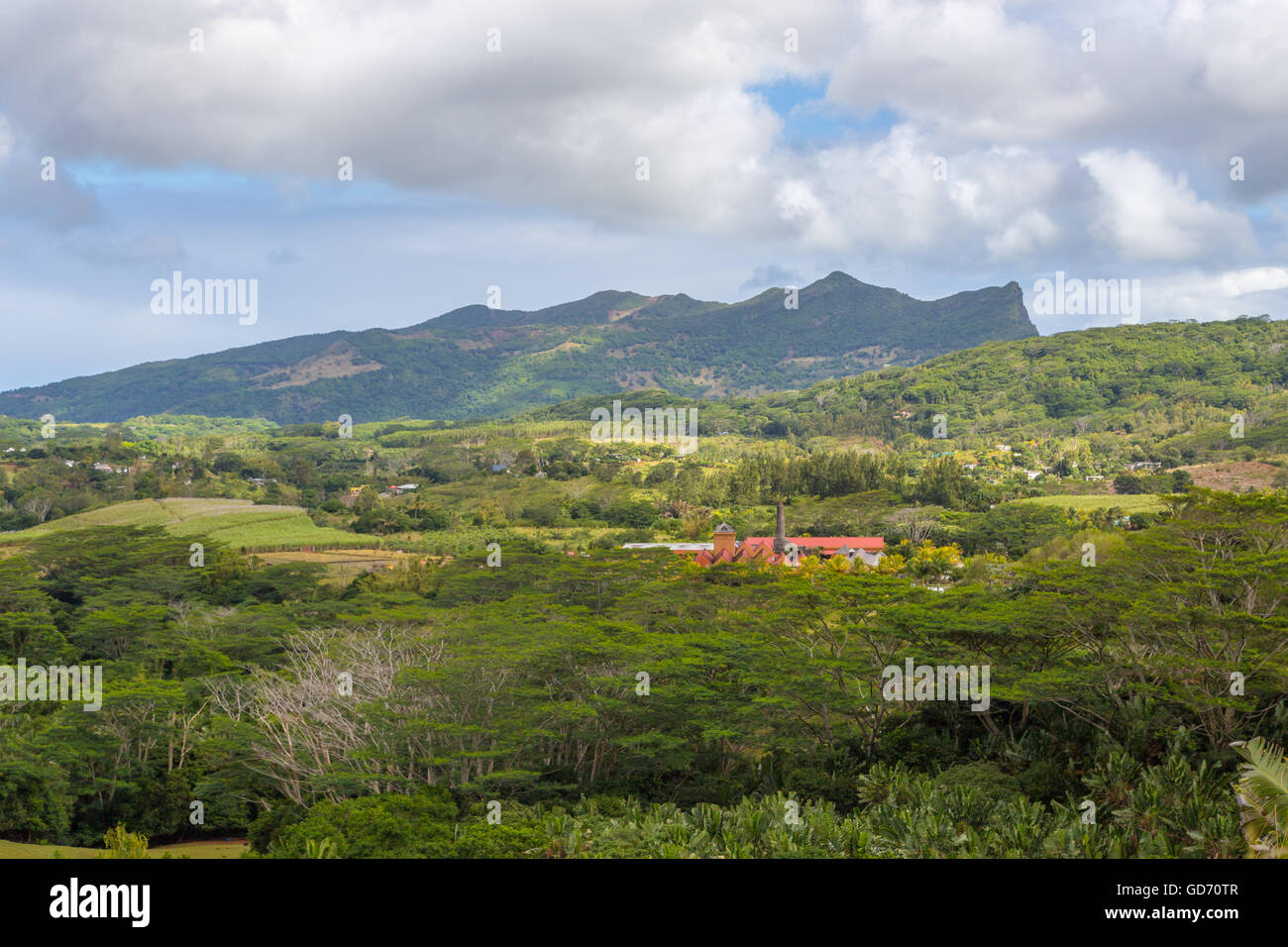 View on Chamarel with rum factory from Plaine Champagne Mauritius Stock ...
