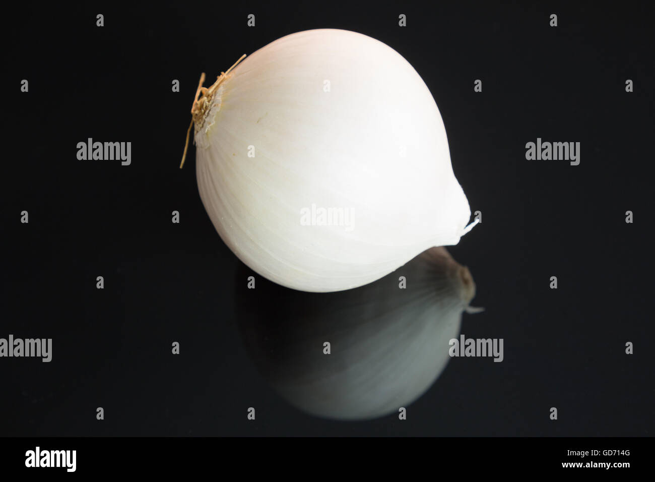 Three whole fresh raw white onions on a reflective black background ...