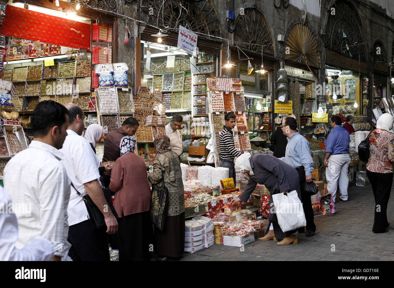 shops in the market or souq in the old town in the city of Damaskus in ...