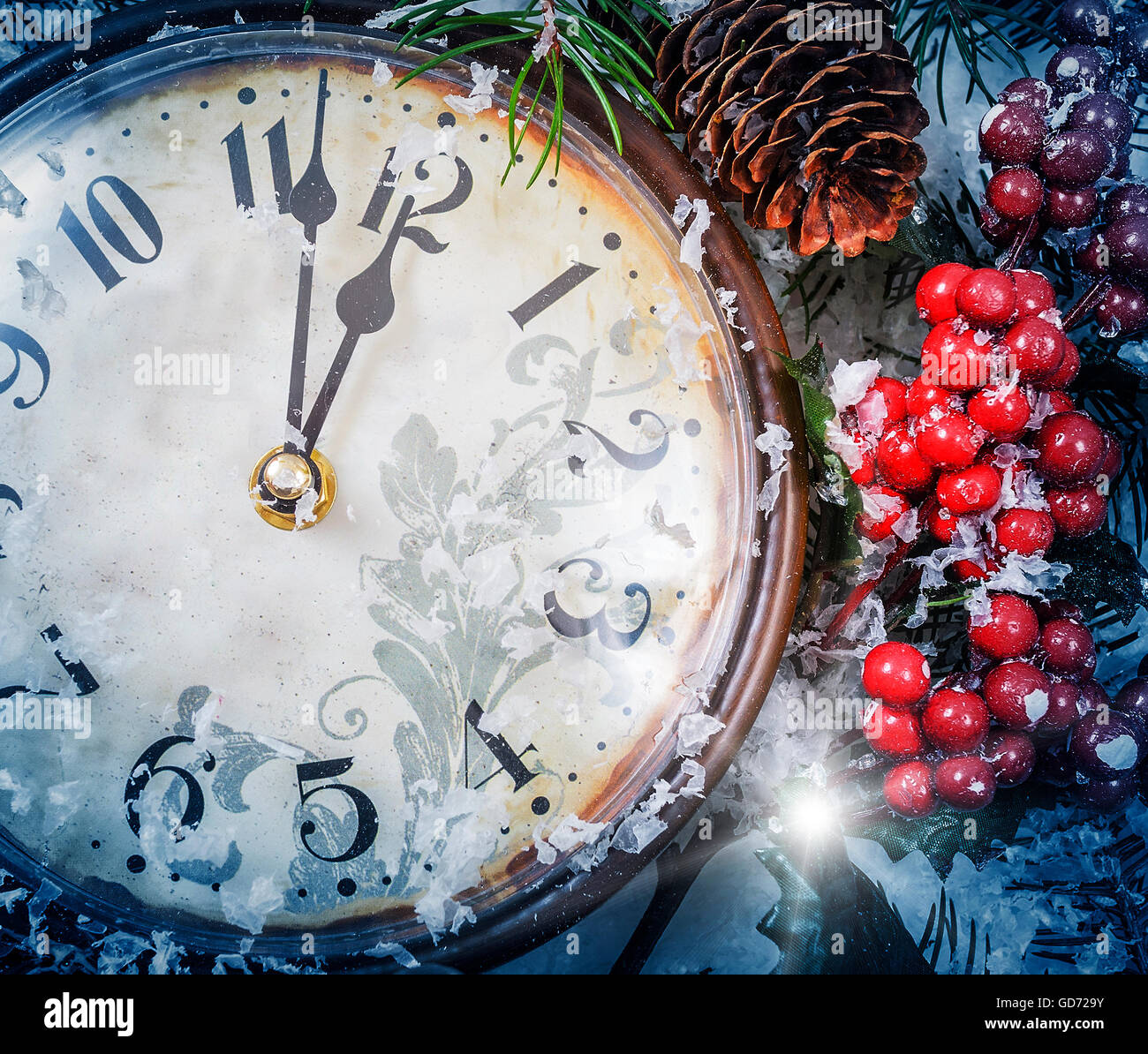 Christmas Eve and New Years at midnight. Clock covered with snow Stock ...