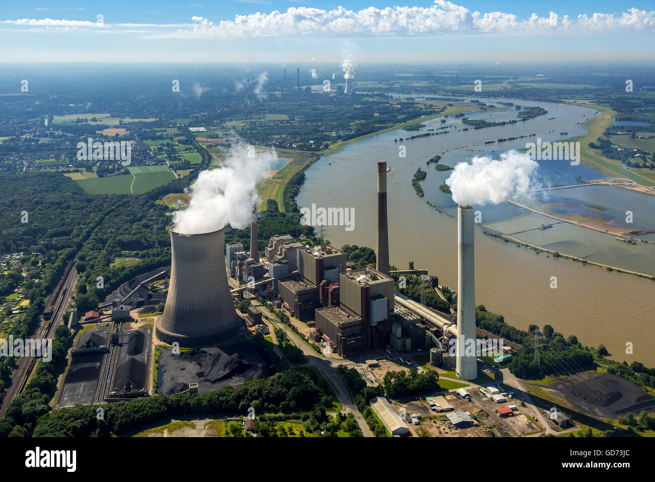 Aerial view, coal power plant Voerde am Rhein, STEAG, RWE, chimneys ...