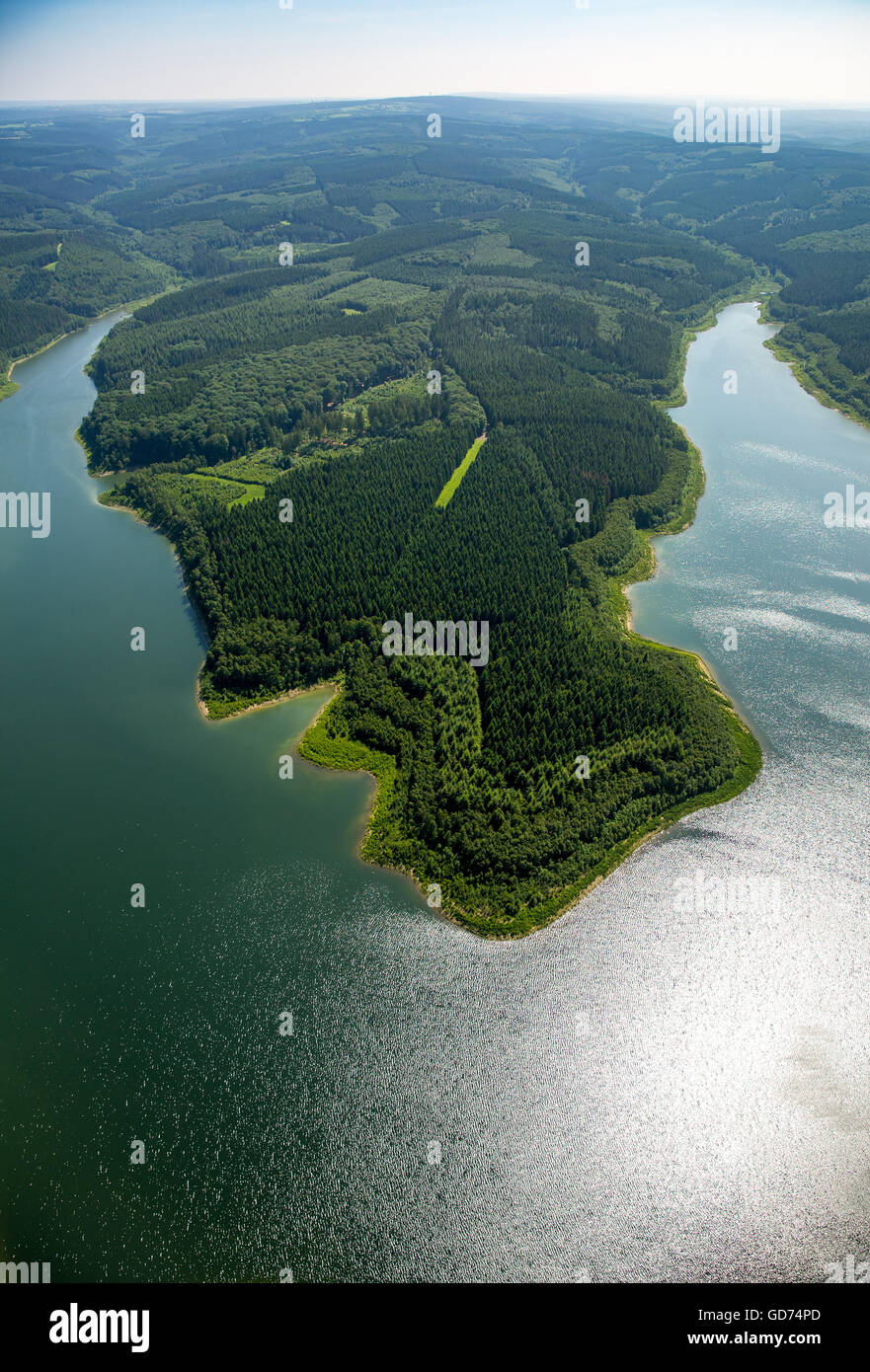 Aerial view, Wehebach dam with water reflections, Hürtgenwald ...