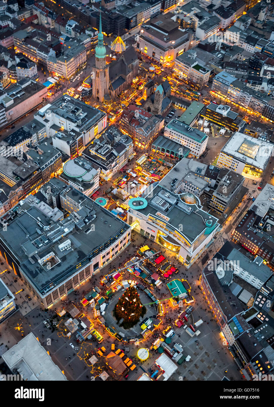 Aerial view, giant Christmas tree on the Hansaplatz Square, Dortmund ...