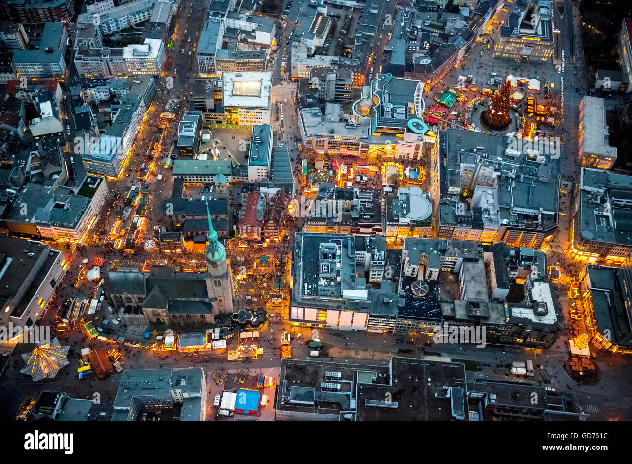 Aerial view, Reinoldikirche Dortmund, Dortmund Christmas Market, Aerial ...