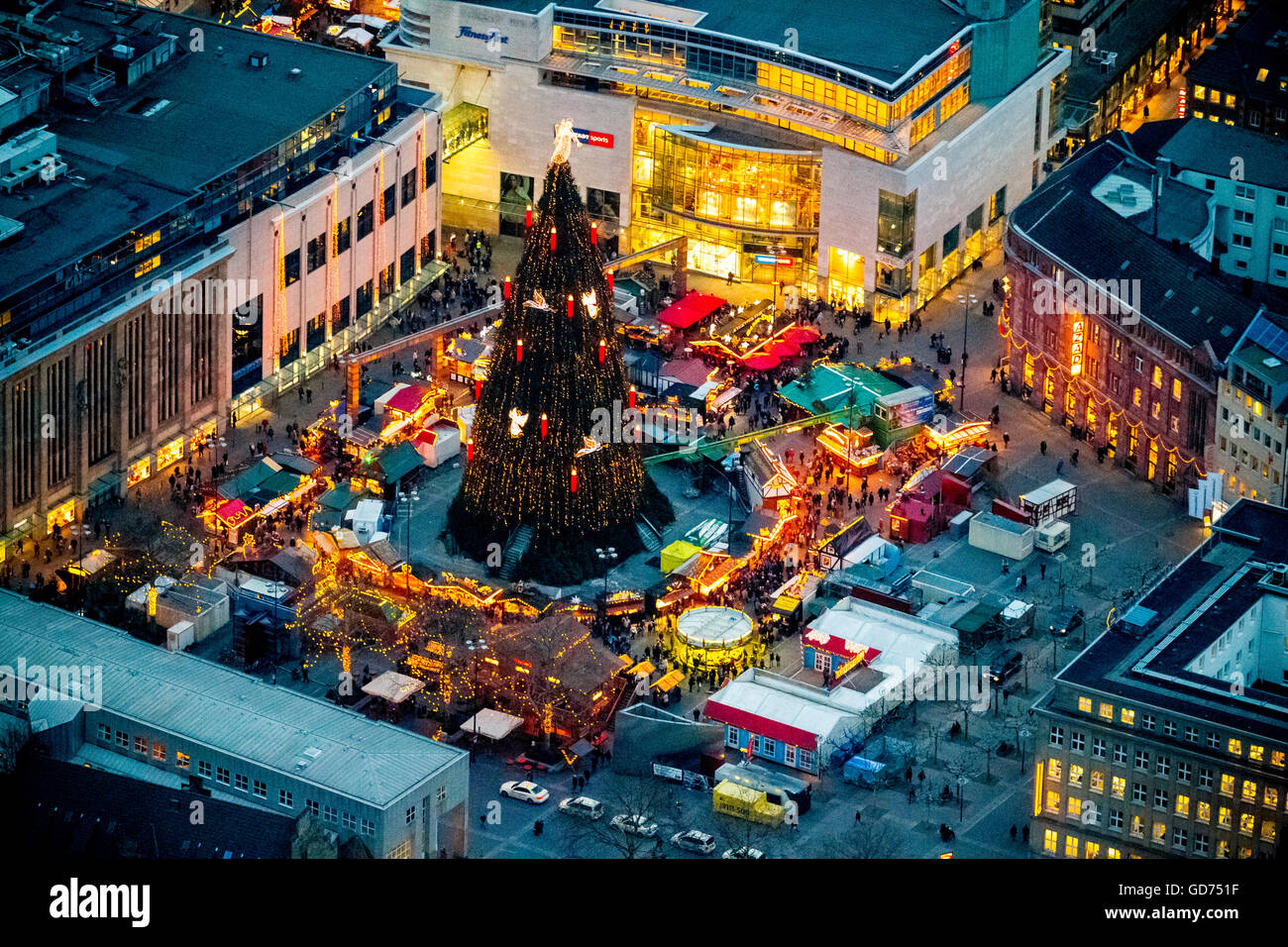 Aerial view, giant Christmas tree on the Hansaplatz Square, Dortmund ...