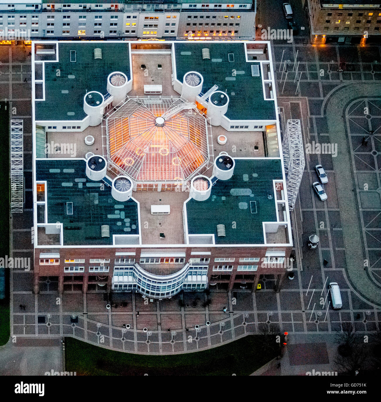Aerial view, City Hall Dortmund at night, aerial view of Dortmund, Ruhr ...