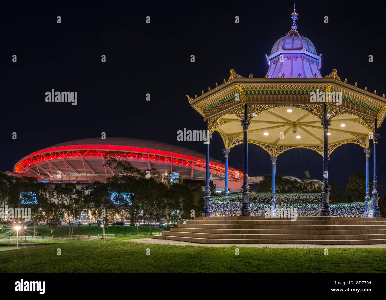 Night in Adelaide's Riverbank Precinct featuring the ornate Elder Park ...