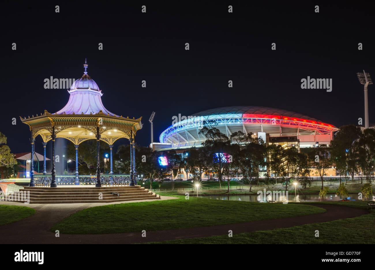 Night in Adelaide's Riverbank Precinct featuring the ornate Elder Park ...