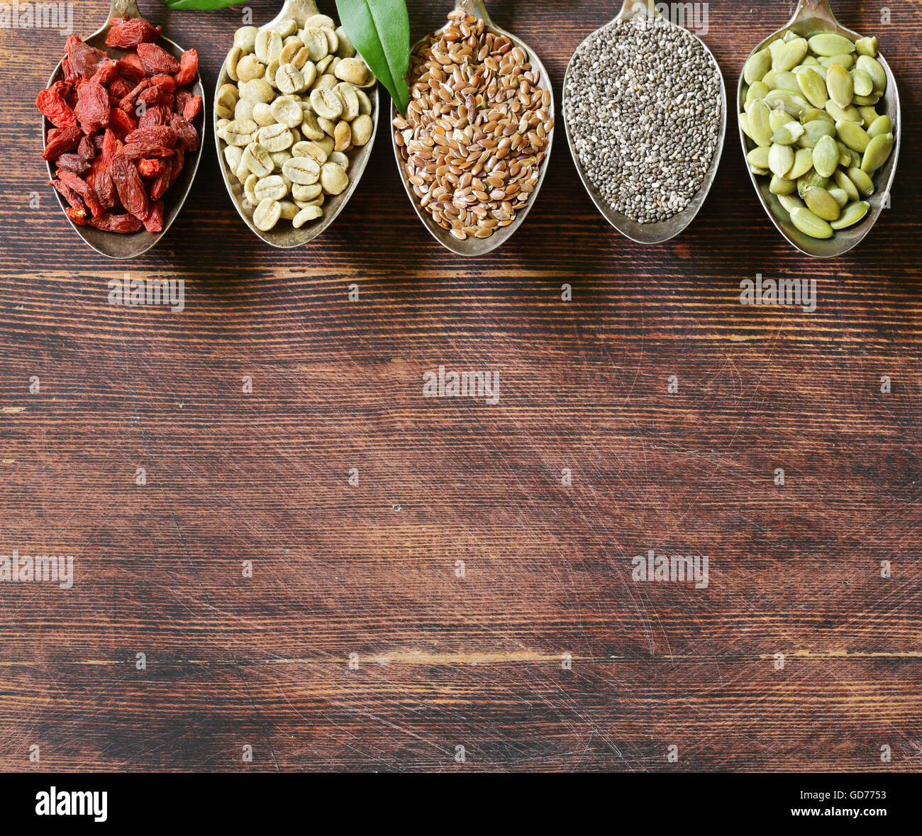 healthy eating ingredients super food - chia and flax seeds, goji ...