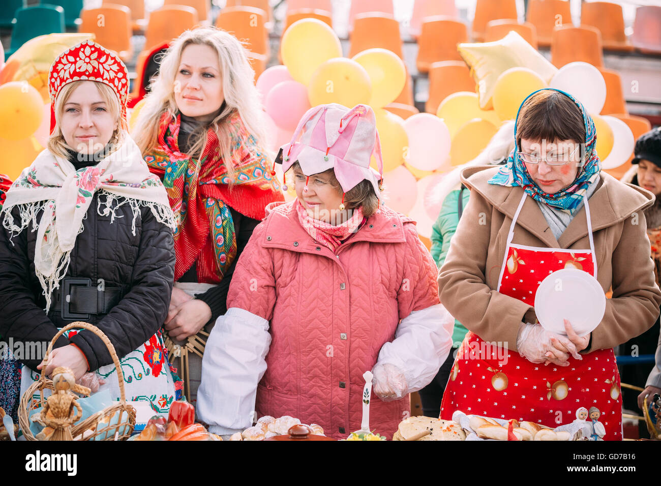 Gomel, Belarus - March 12, 2016: Four unknown beautiful women trading ...