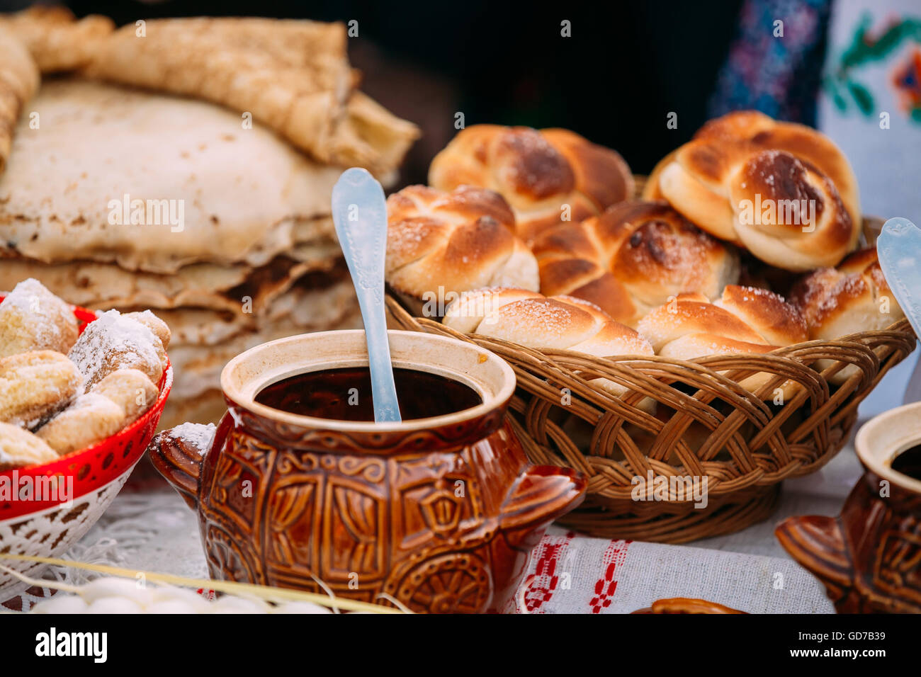 The dishes of the traditional Belarusian cuisine - fresh pastries and ...