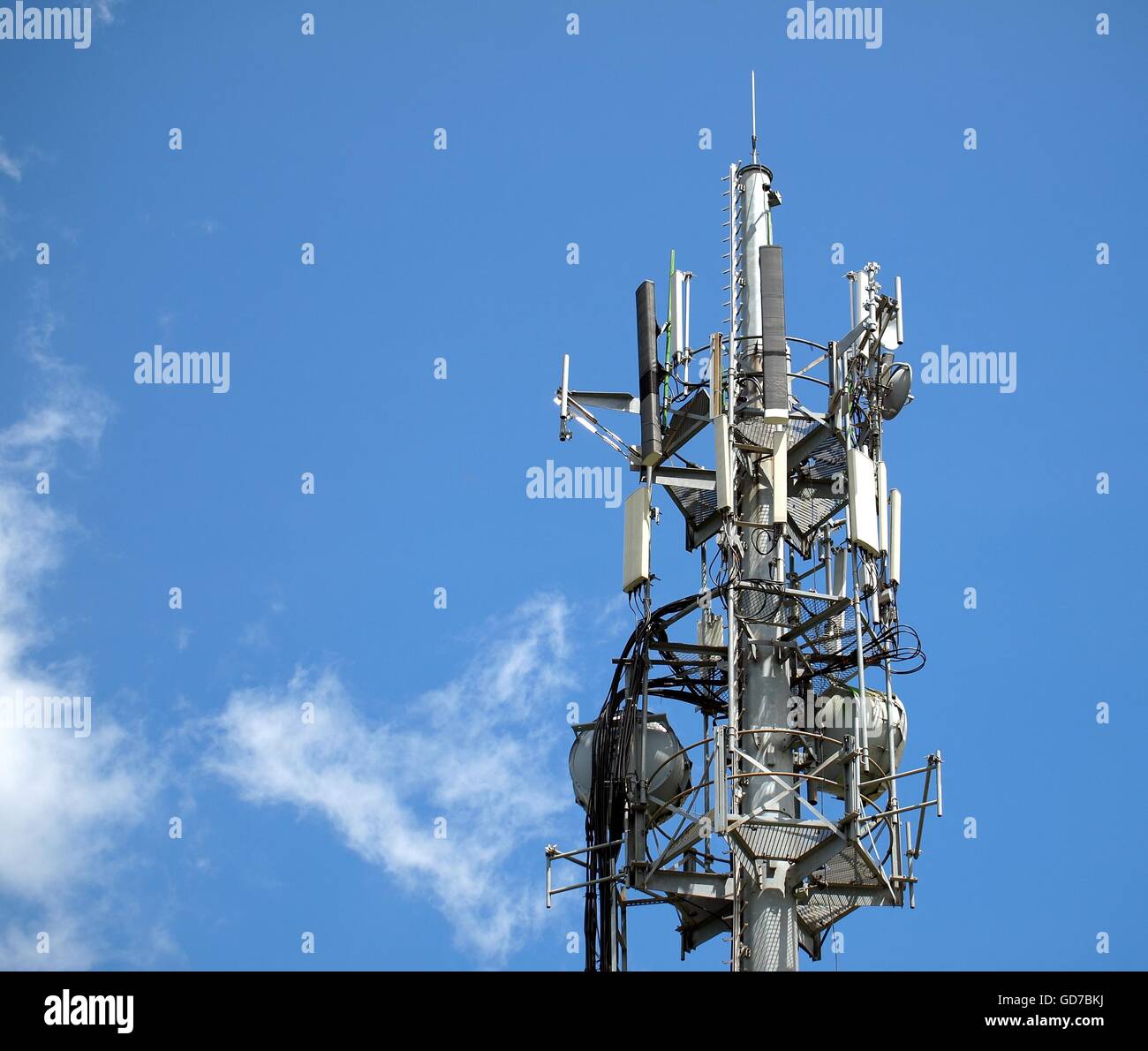 Antennas and modern communications equipments atop a steel mast Stock ...