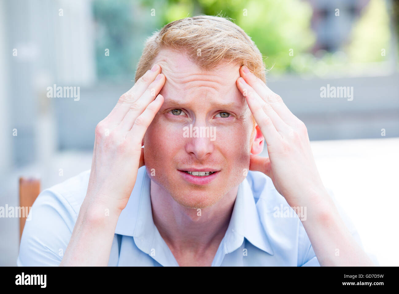 Closeup portrait, stressed young business man, hands on head with bad ...
