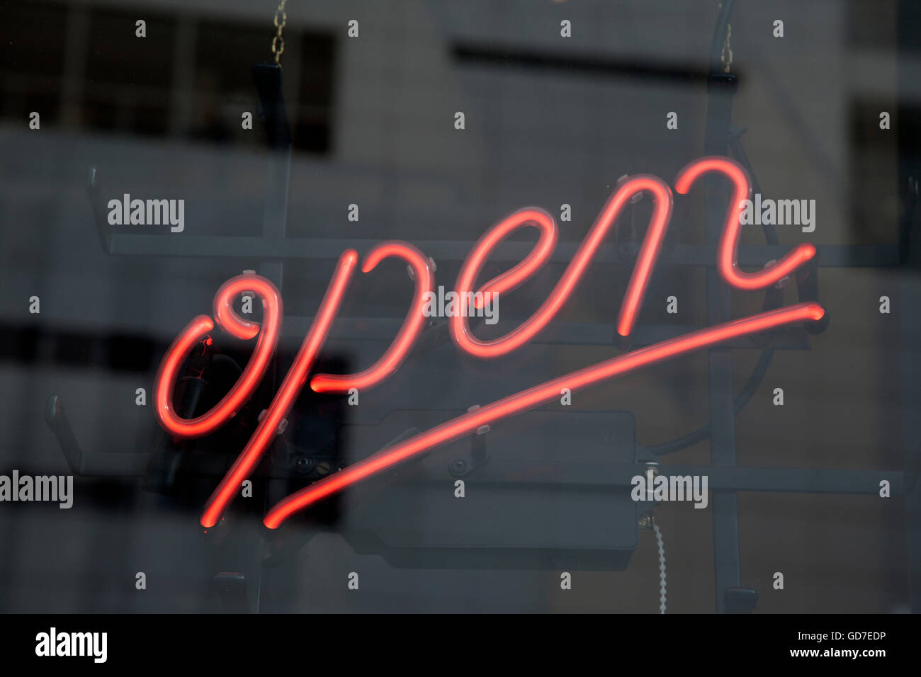 Illuminated Red Open Shop Sign Stock Photo - Alamy