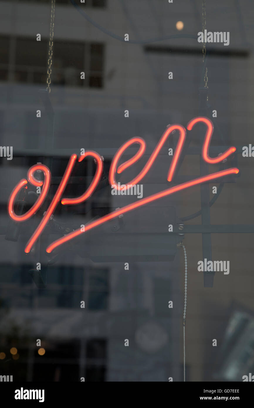 Illuminated Red Open Shop Sign Stock Photo - Alamy