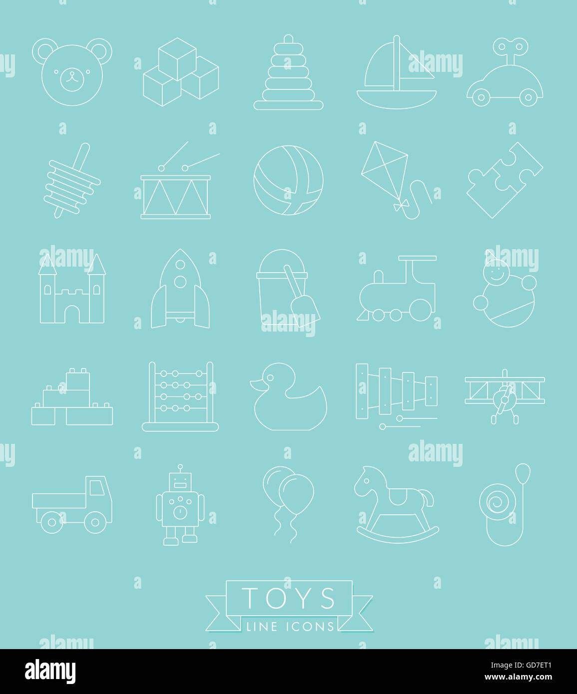 Set of 25 children's toys icons, thin line design, white on turquoise ...