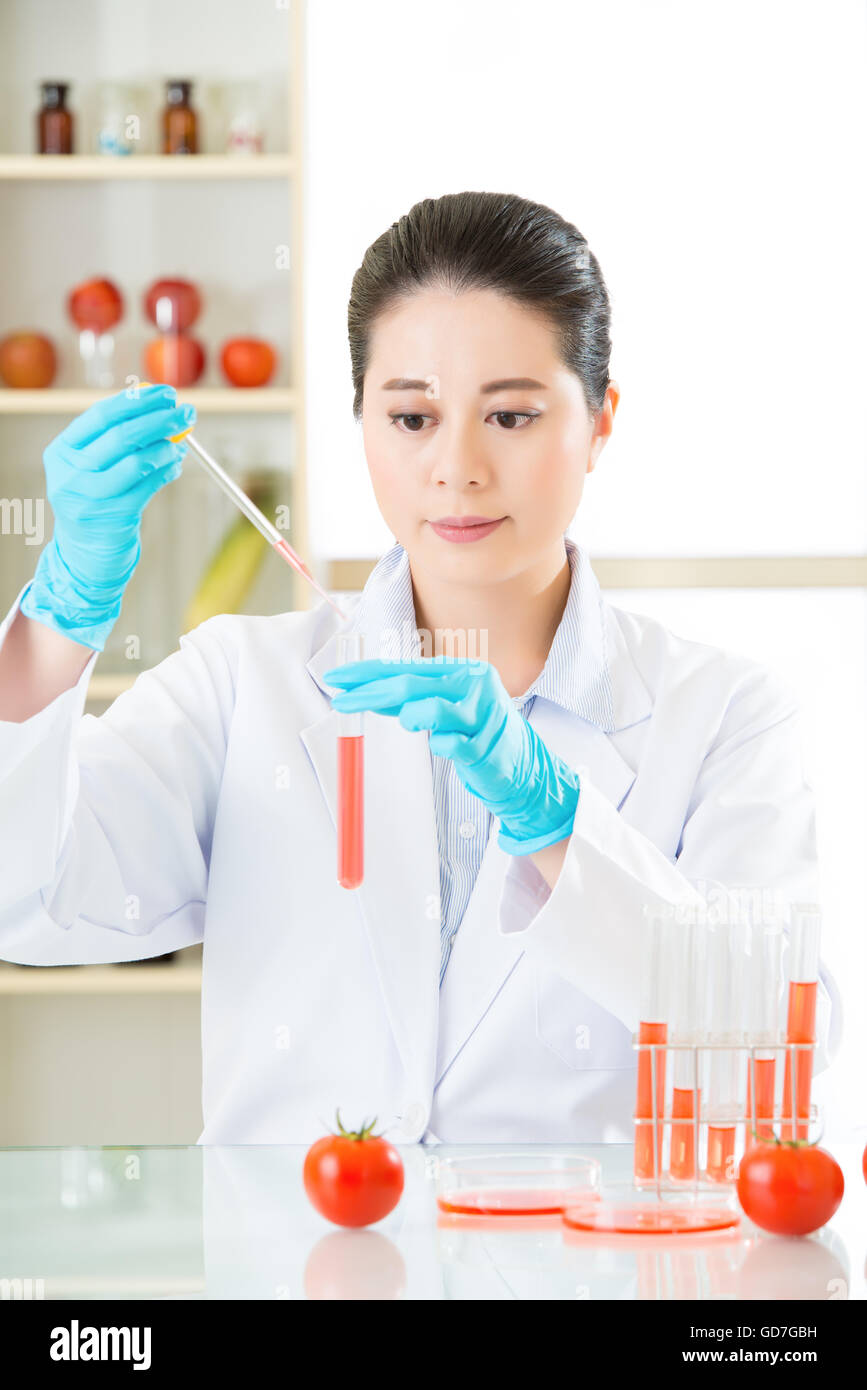 Asian female scientist looking apple for genetic modification research ...