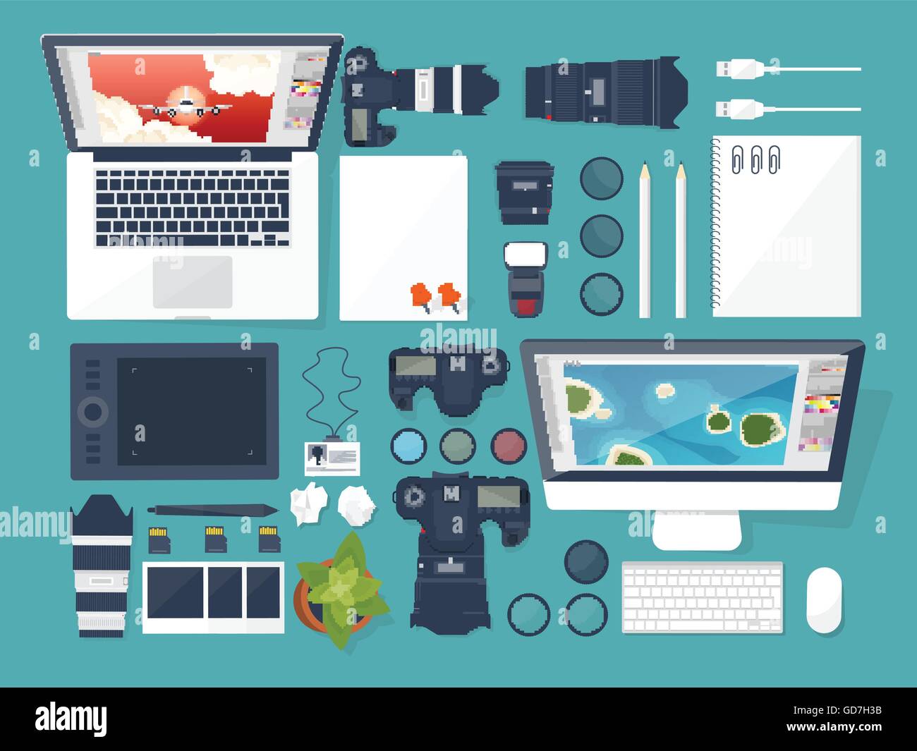 Photographer equipment on a table. Photography tools, photo editing ...