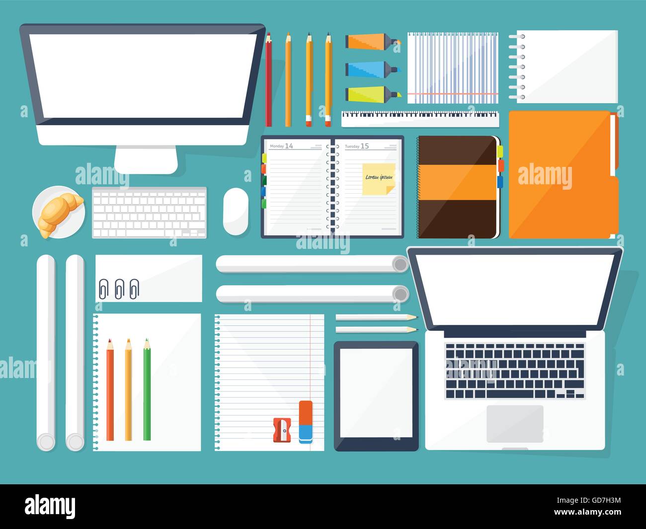 Workplace with table and computer. Laptop,documents,papers,notepad ...