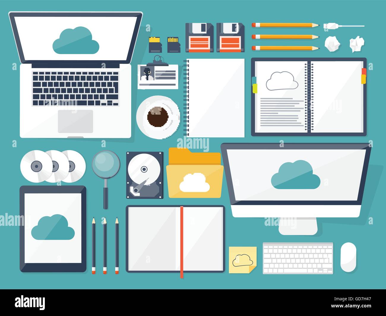 Vector illustration. Workplace, table with documents, computer. Flat ...