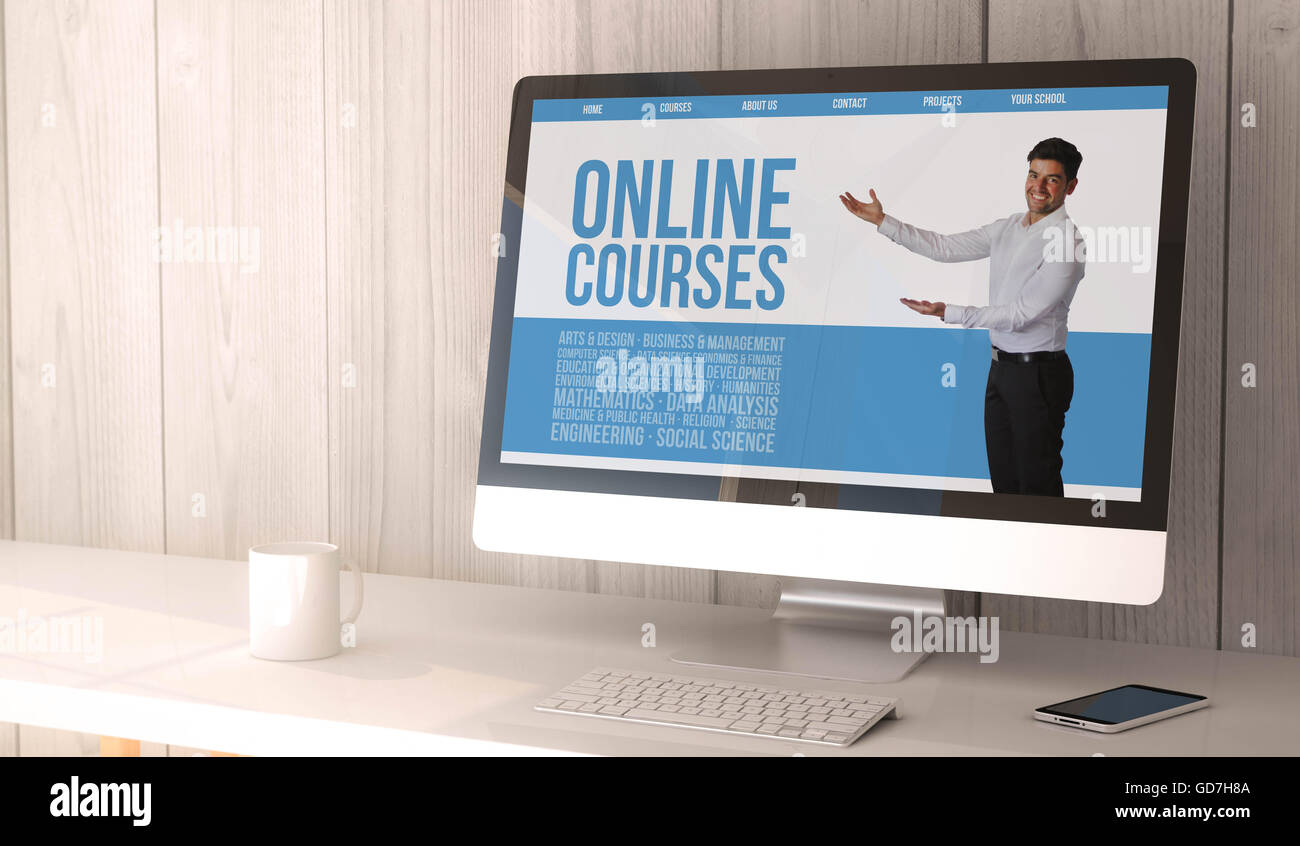 digital render generated workspace with online courses on the screen of computer and smartphone ...