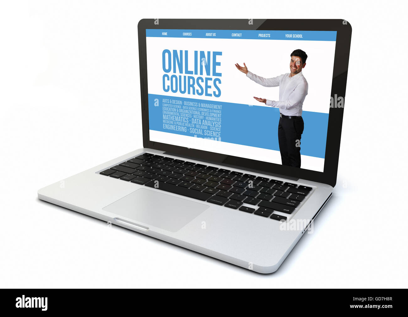 render of a 3d generated computer with online courses on the screen ...