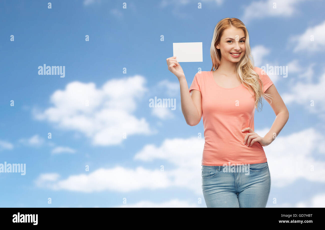 happy woman or teen girl with blank white paper Stock Photo - Alamy