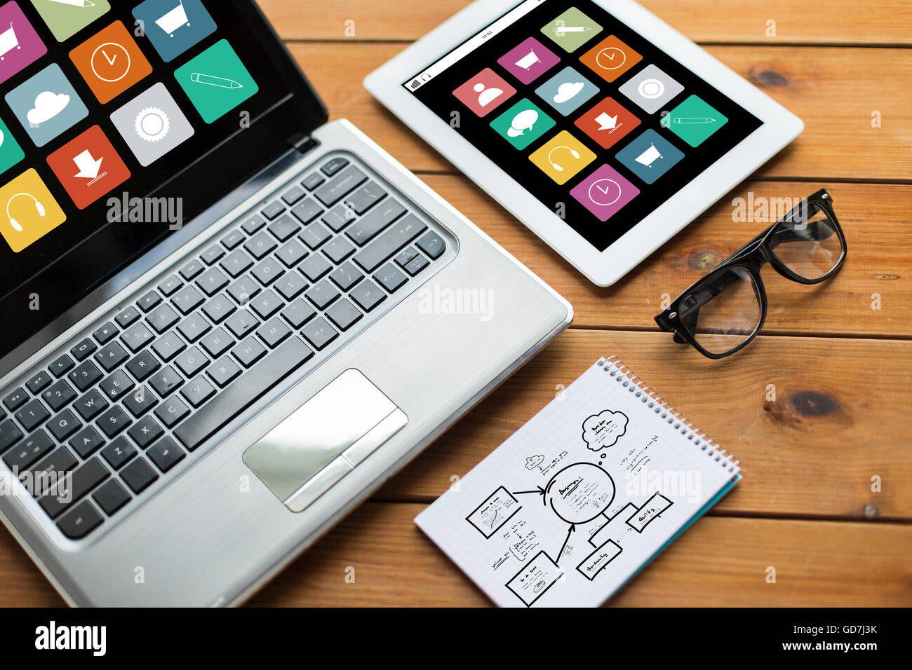 close up of on laptop, tablet pc and notebook Stock Photo - Alamy