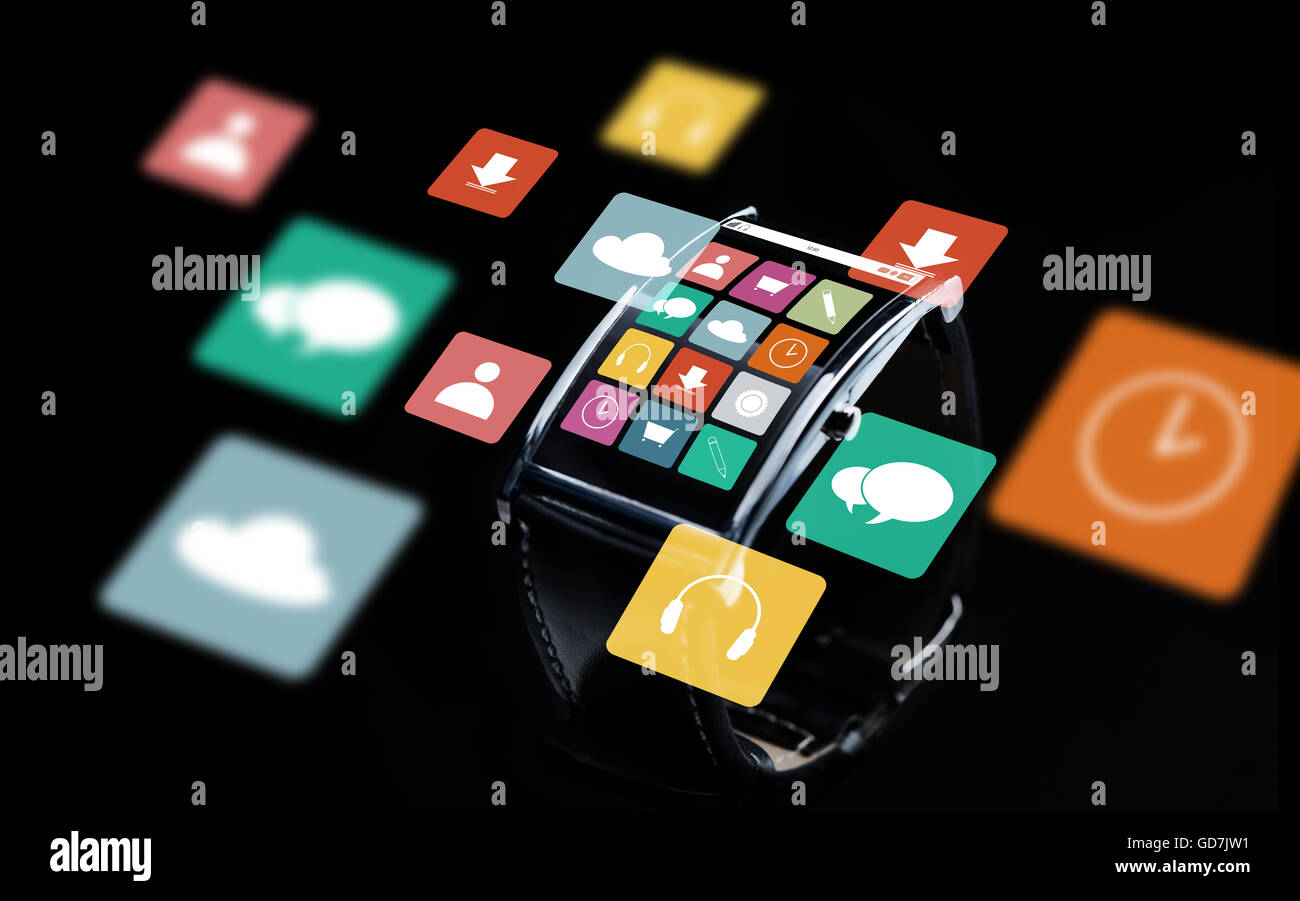 close up of smart watch with menu icons on screen Stock Photo - Alamy