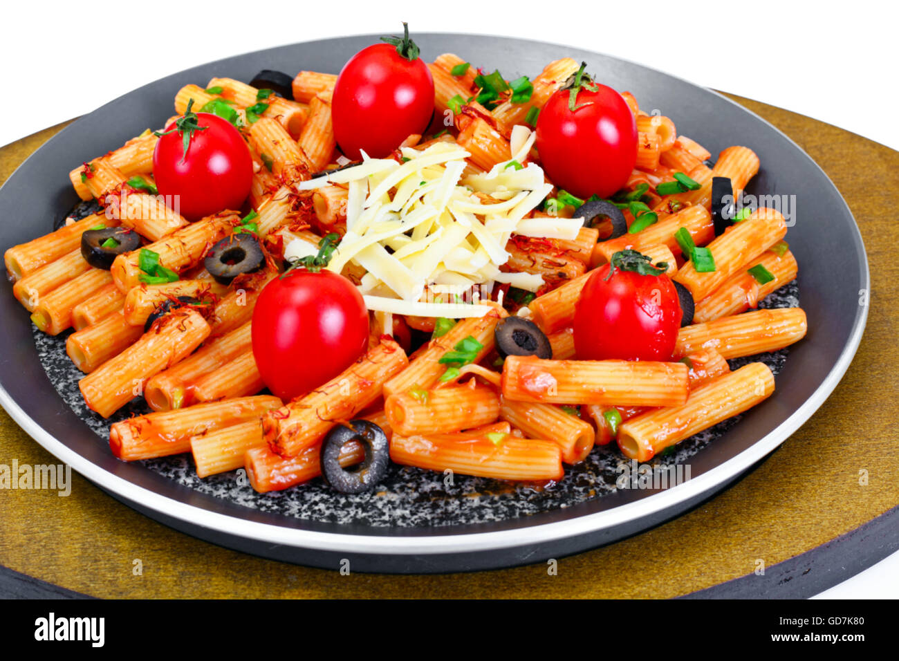 Pasta with Tomato Ketchup Sauce, Green Onions and Cheese Stock Photo ...