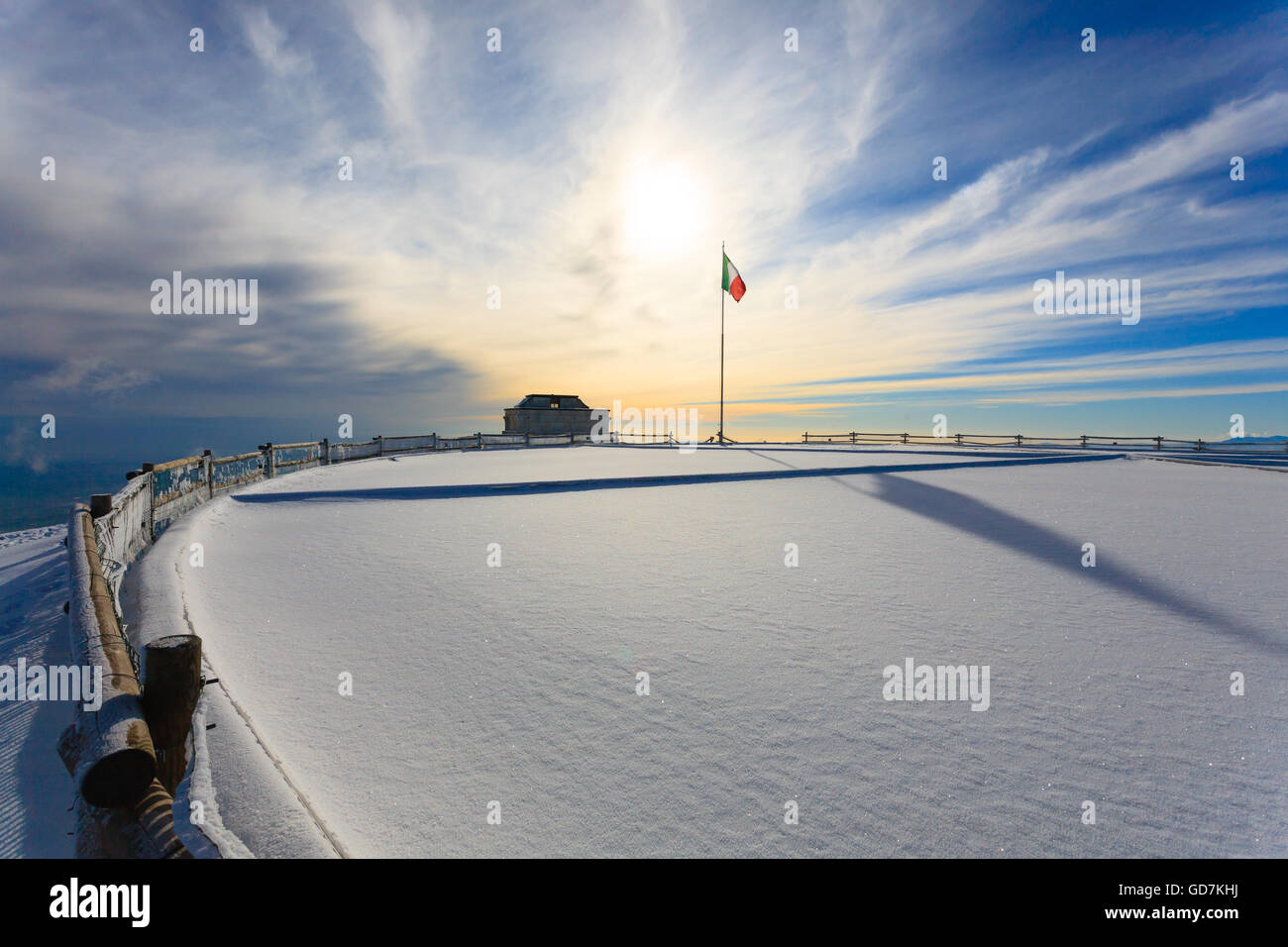 Winter panorama from Italian Alps. First world war memorial building ...