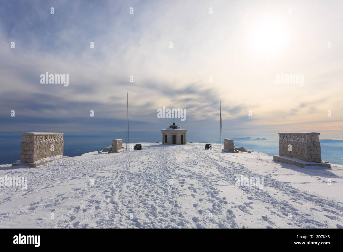 Winter panorama from Italian Alps. First world war memorial building ...