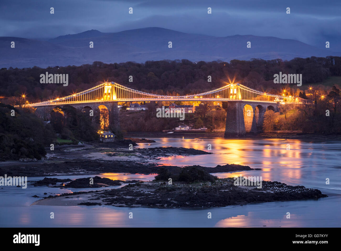 Menai Suspension Bridge at night Stock Photo - Alamy