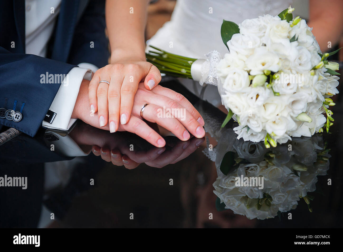 Bride and groom's hands with wedding rings Stock Photo - Alamy
