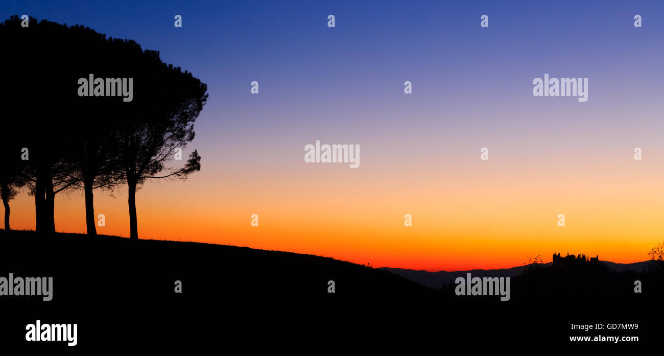 Hills panorama at sunset. Pines over hill. Minimal landscape Stock ...