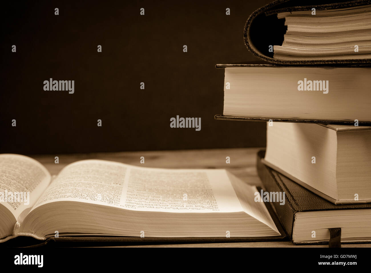 Stack of books, retro look, closeup, copy-space Stock Photo - Alamy