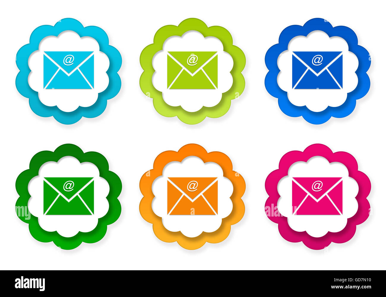 Set of colorful stickers icons with email symbol in blue, green, pink ...
