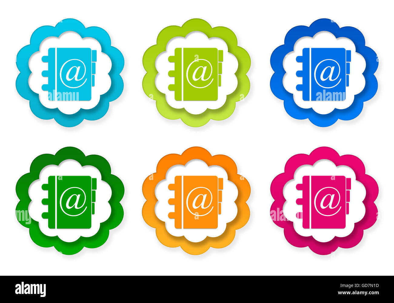 Set of colorful stickers icons with address book symbol in blue, green ...