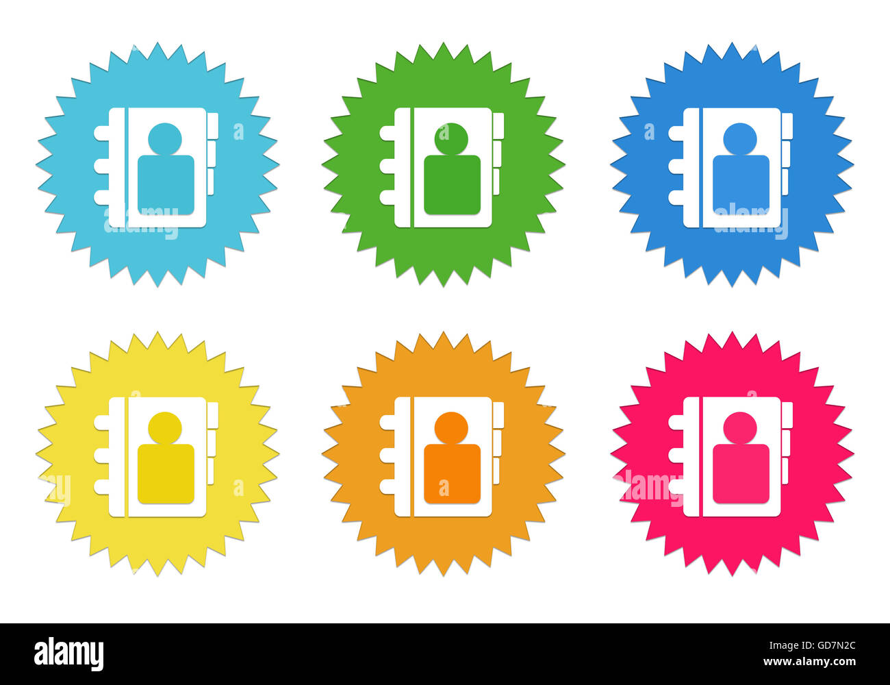 Set of colorful stickers icons with address book symbol in blue, green ...