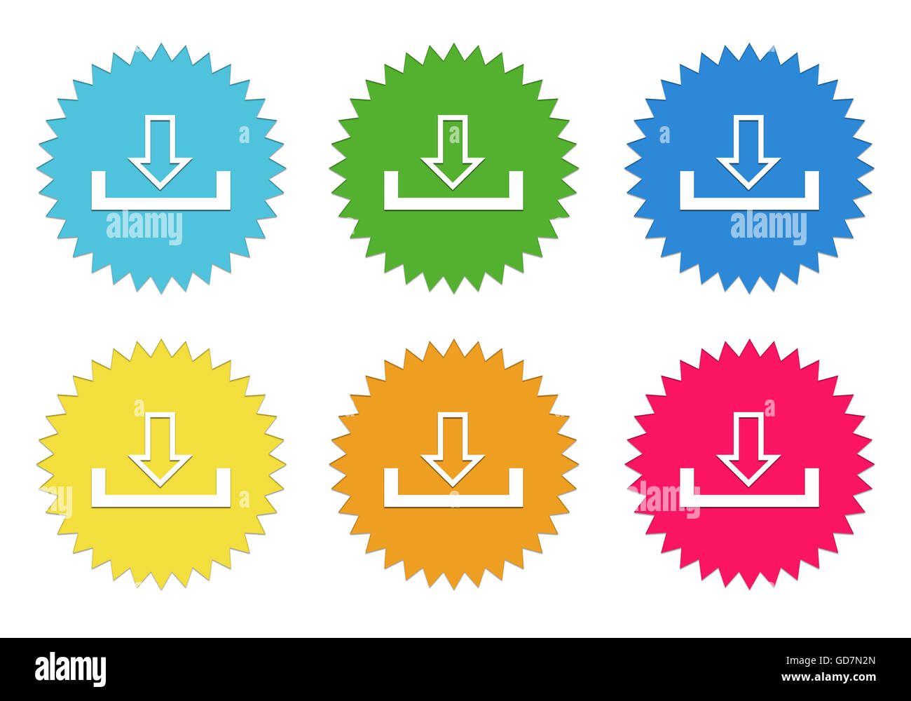 Set of colorful stickers icons with download symbol in blue, green ...