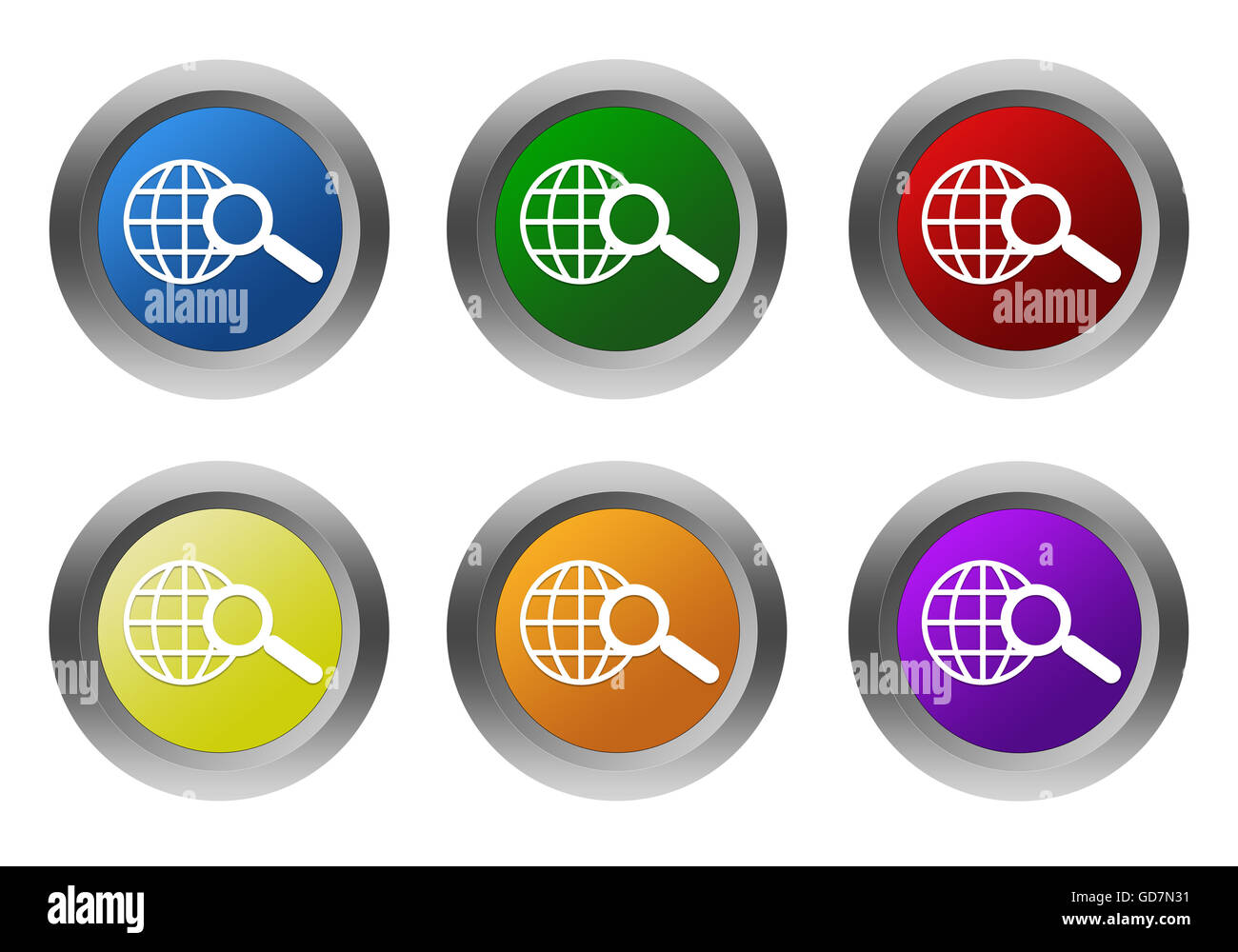 Set of rounded colorful buttons with search symbol in blue, green ...